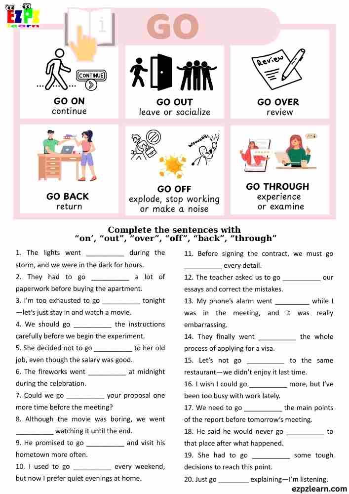 Phrasal Verbs with “GO” | 20 Sentences Worksheet | ESL Grammar Practice | Free PDF - Ezpzlearn.com